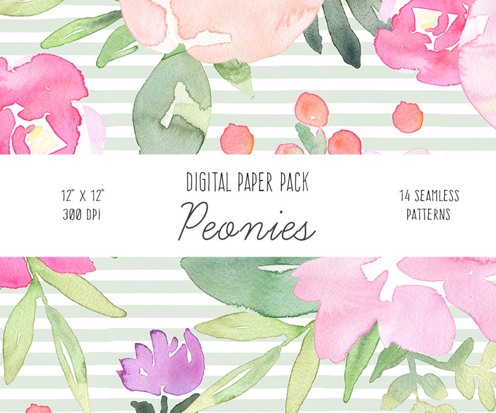 Peonies Digital Paper Floral Paper Pack, Flower Seamless Pattern, Peony ...