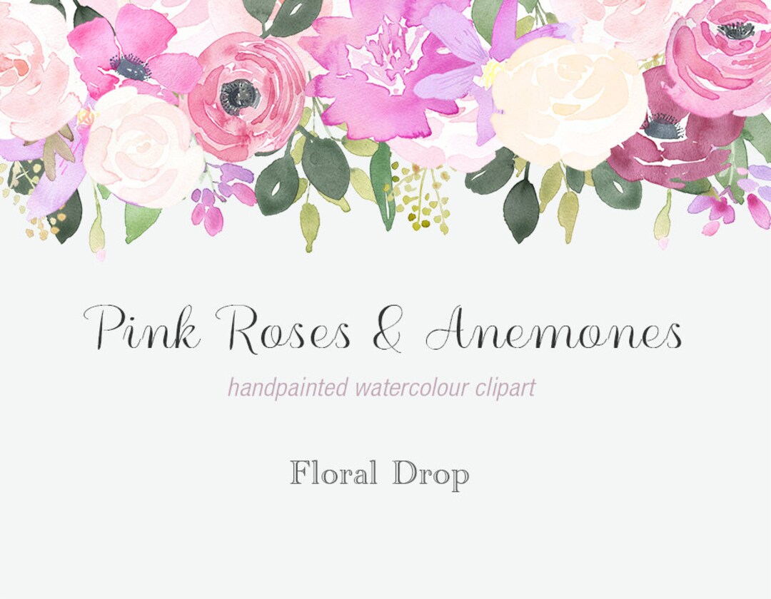 Floral Watercolor Clipart, Pink Roses and Anemones Flower Header for ...