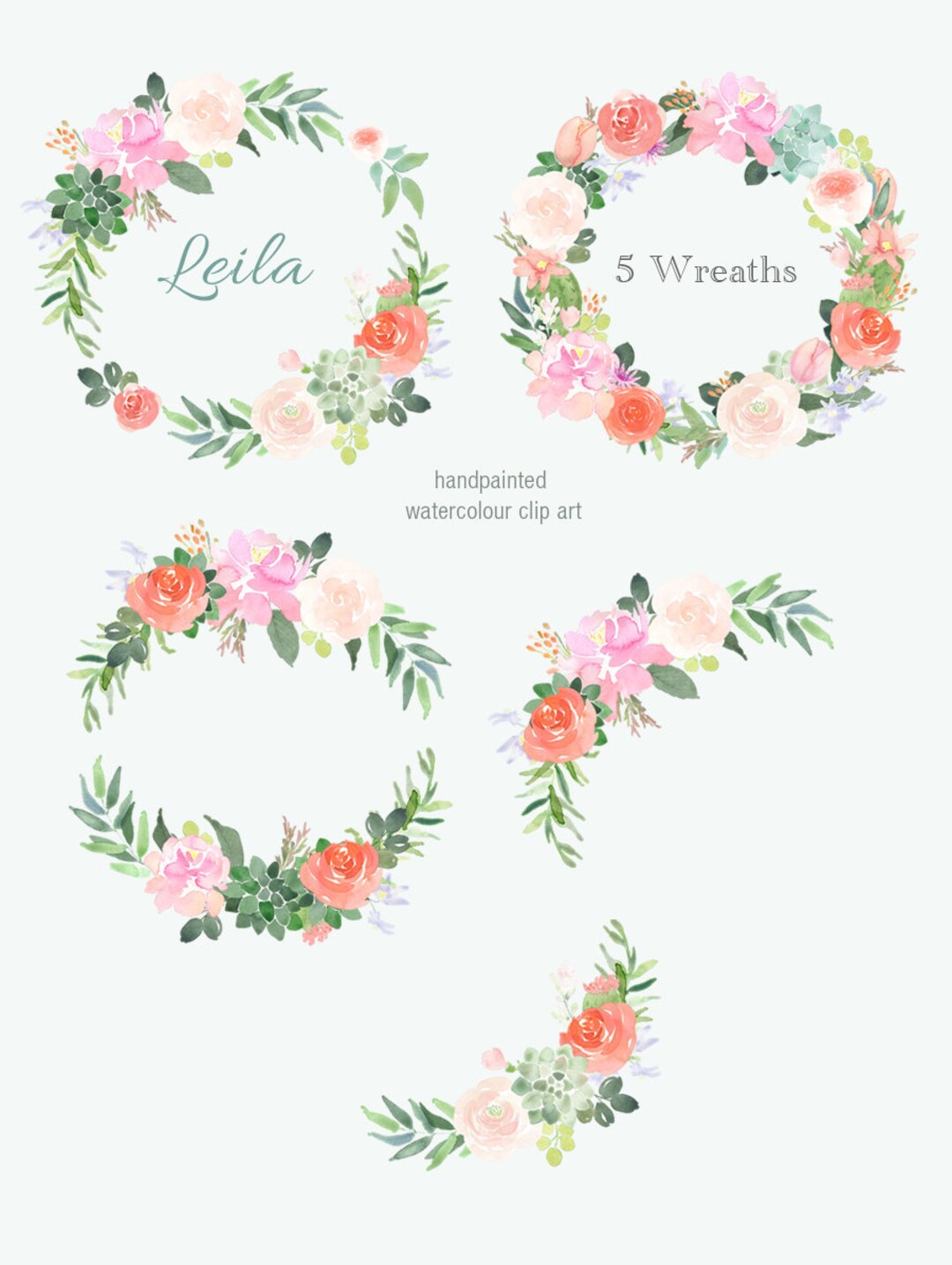 Leila 5 Wreaths - Flower Clipart, Floral Clipart, Wedding Wreaths ...