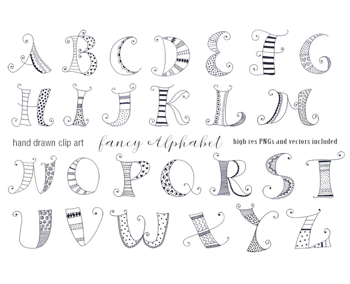 Fancy Alphabet Clip Art Hand Drawn Letters Pen and Ink | Etsy