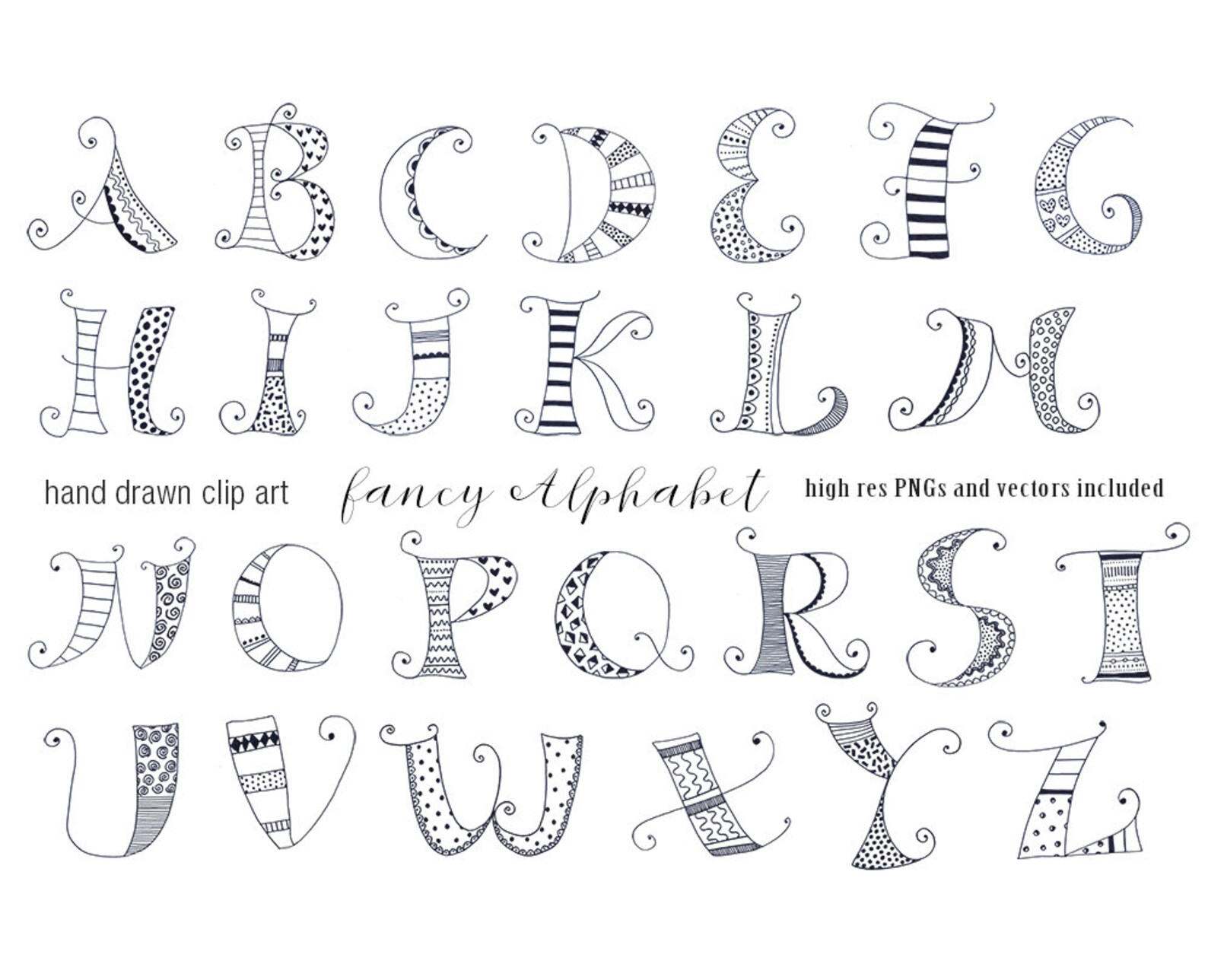 Alphabet fantaisie Clip Art - lettres dessinées à la main, plume et ...