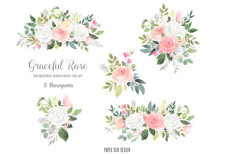 Watercolor Clipart Bundle White and Pink Rose Clipart Set | Etsy