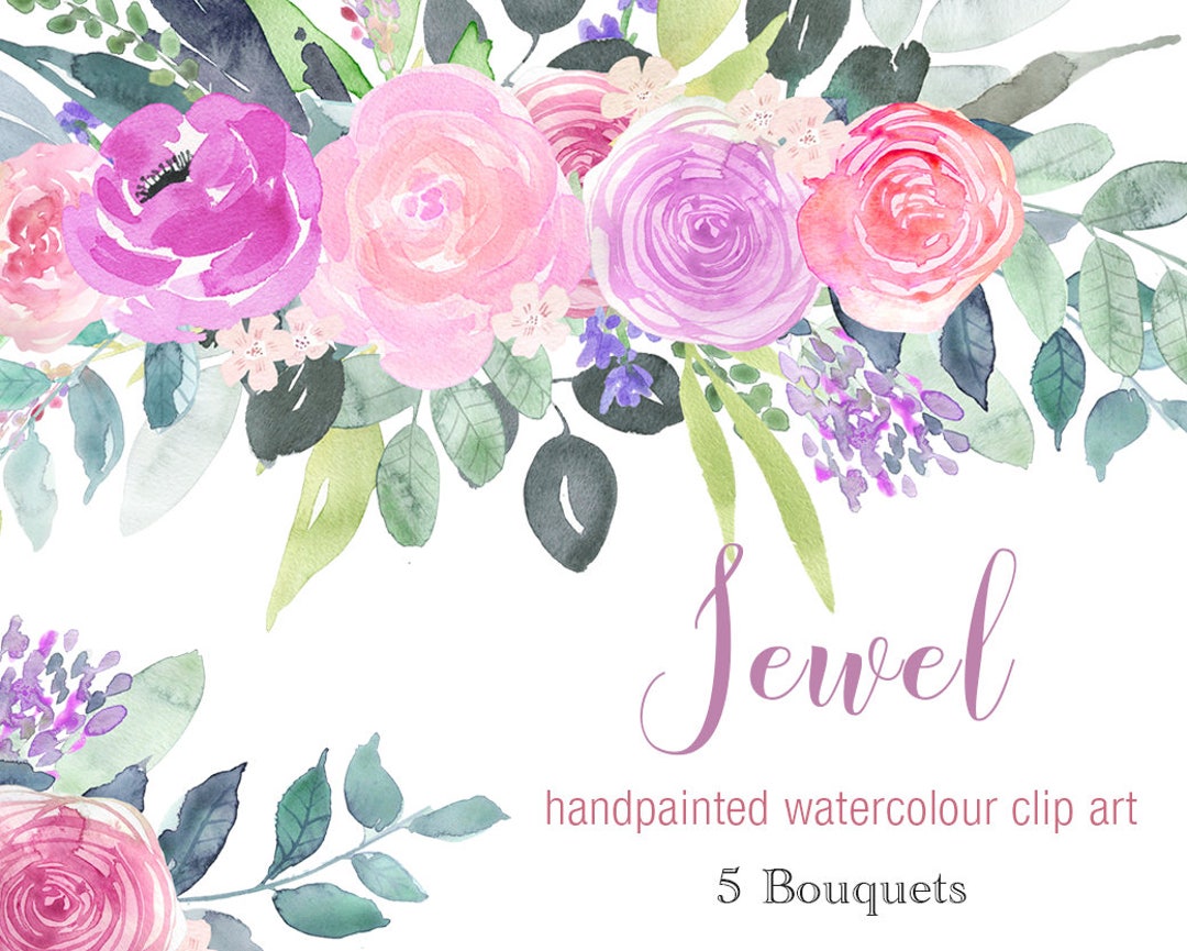 5 Floral Bouquets - Watercolor Clipart, Violet Pink Purple Rose Clip ...