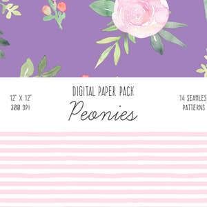 Peonies Digital Paper - Floral Paper Pack, Flower Seamless Pattern ...