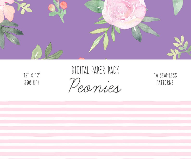 Peonies Digital Paper - Floral Paper Pack, Flower Seamless Pattern ...
