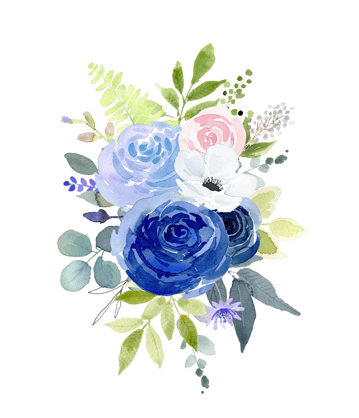 Flower Watercolor Clipart Navy and Blush Clipart Handpainted - Etsy