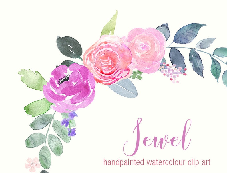 Watercolor Floral Wreath pink purple rustic clip art boho | Etsy