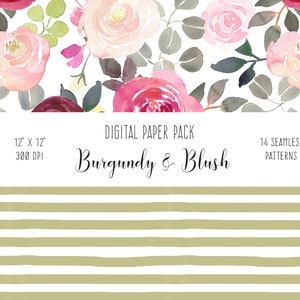 Burgundy and Blush Floral Digital Paper - Watercolor Flower ...