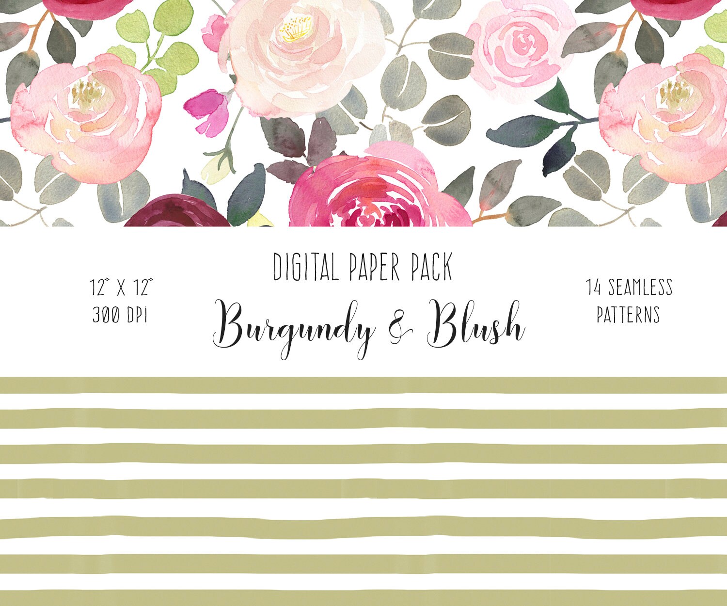 Burgundy and Blush Floral Digital Paper - Watercolor Flower ...