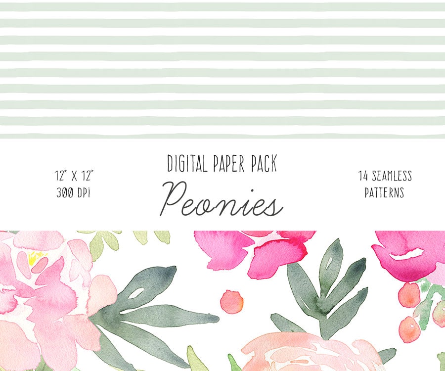 Peonies Digital Paper - Floral Paper Pack, Flower Seamless Pattern ...