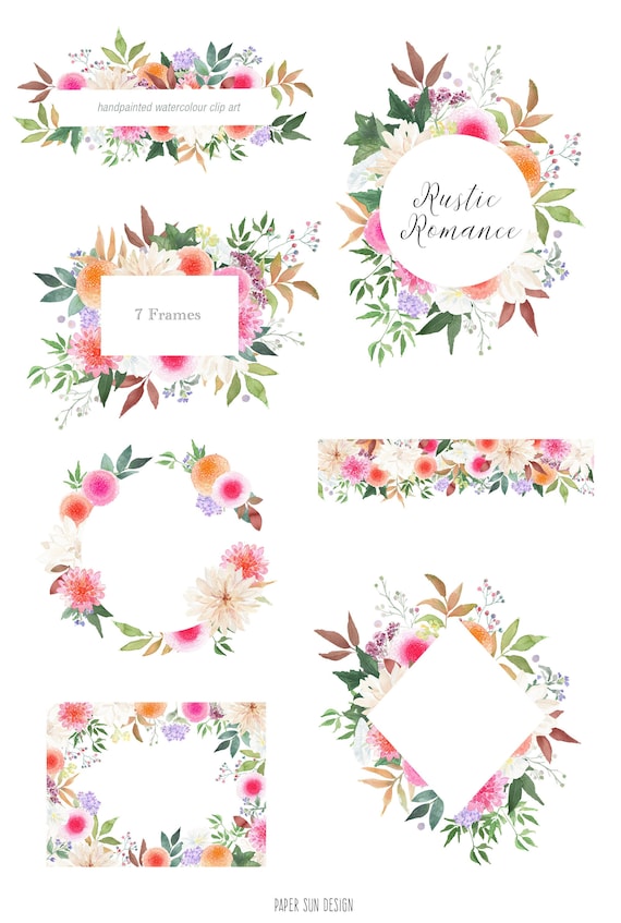 Watercolour Flower Frames Clip Art Rustic Floral Clipart DIY - Etsy
