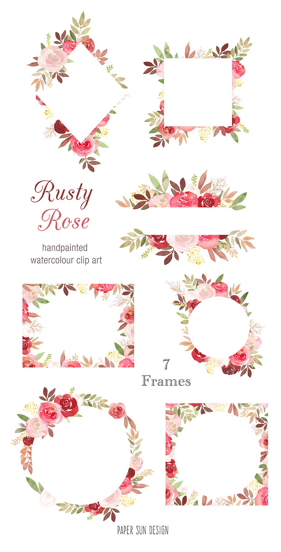 Floral Clipart Frames Rusty Rose Flower Border Watercolor - Etsy
