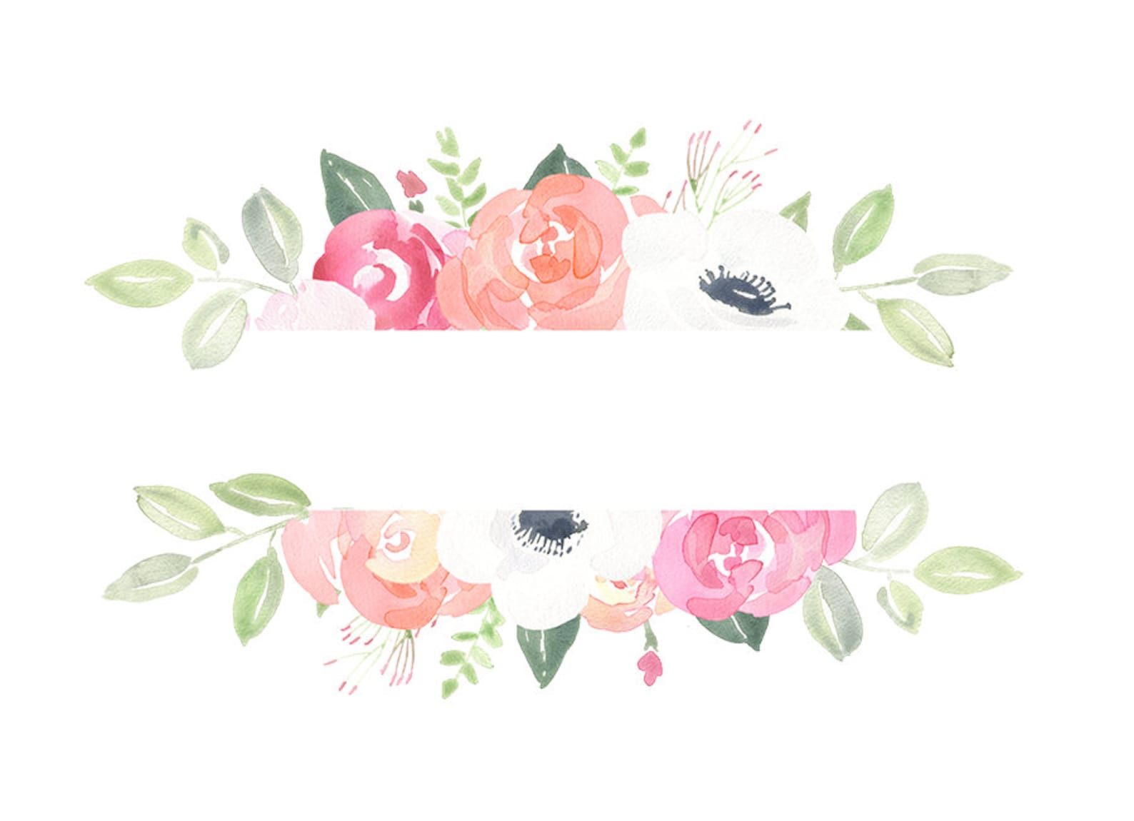 Watercolor Flower Frame Clipart Pink Roses and White Anemones | Etsy UK