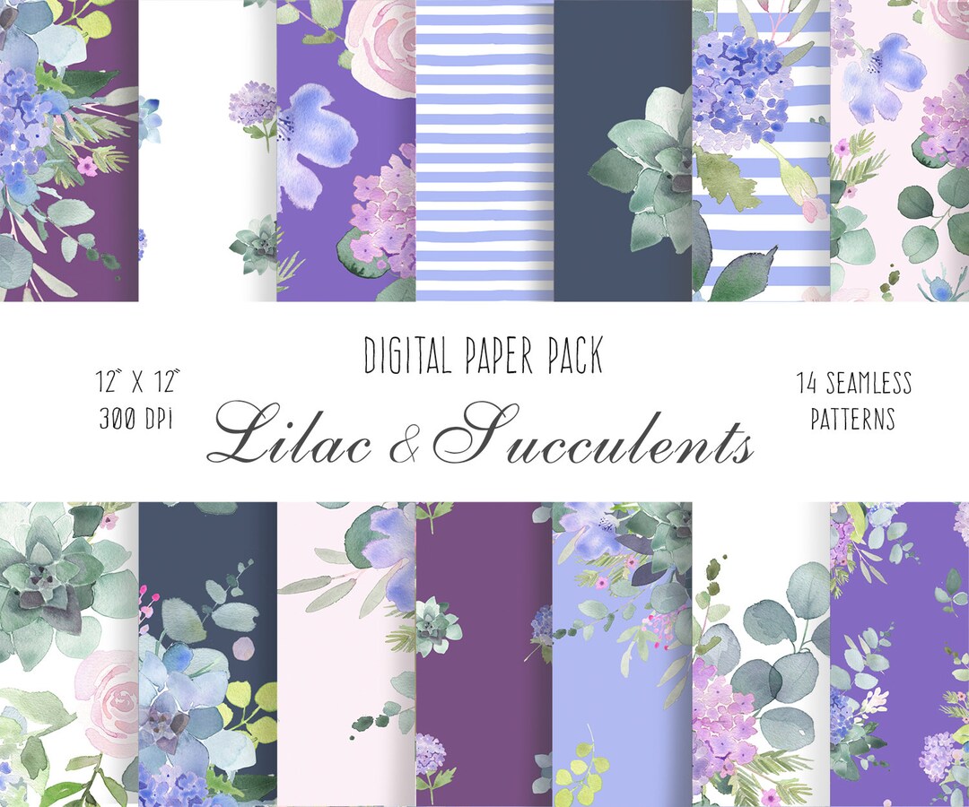 Digital Paper Pack, Watercolor Lilac & Succulents Digital Papers ...