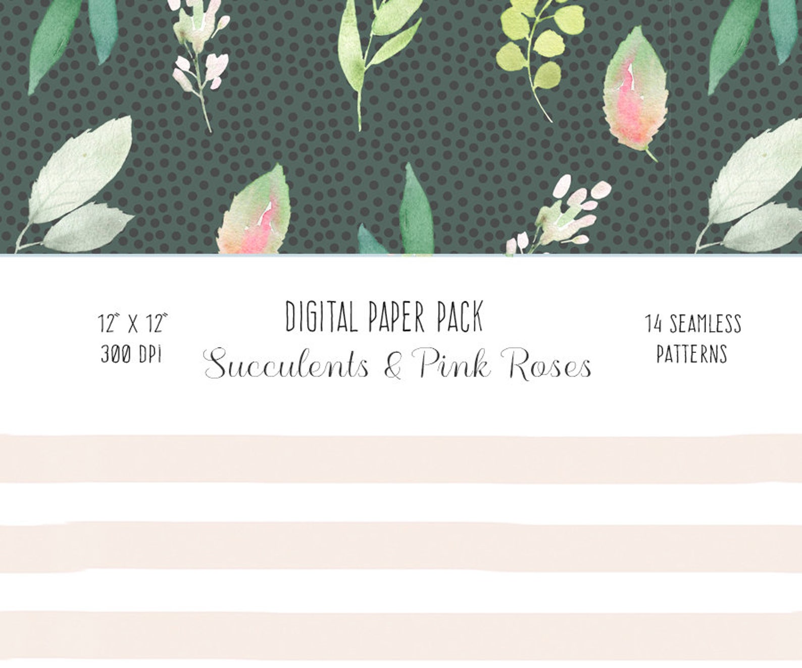 Floral Digital Paper Succulents & Pink Roses Repeating - Etsy