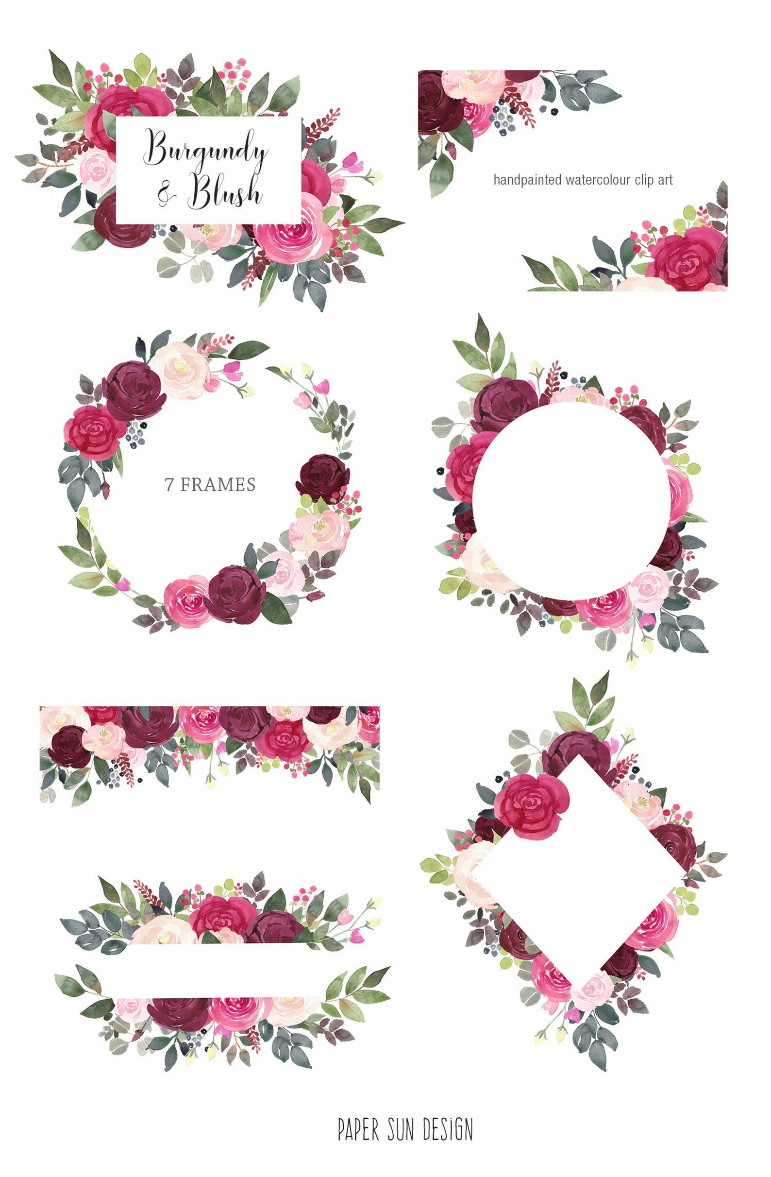 Watercolor Floral Clipart Burgundy and Blush Flower Frames - Etsy UK