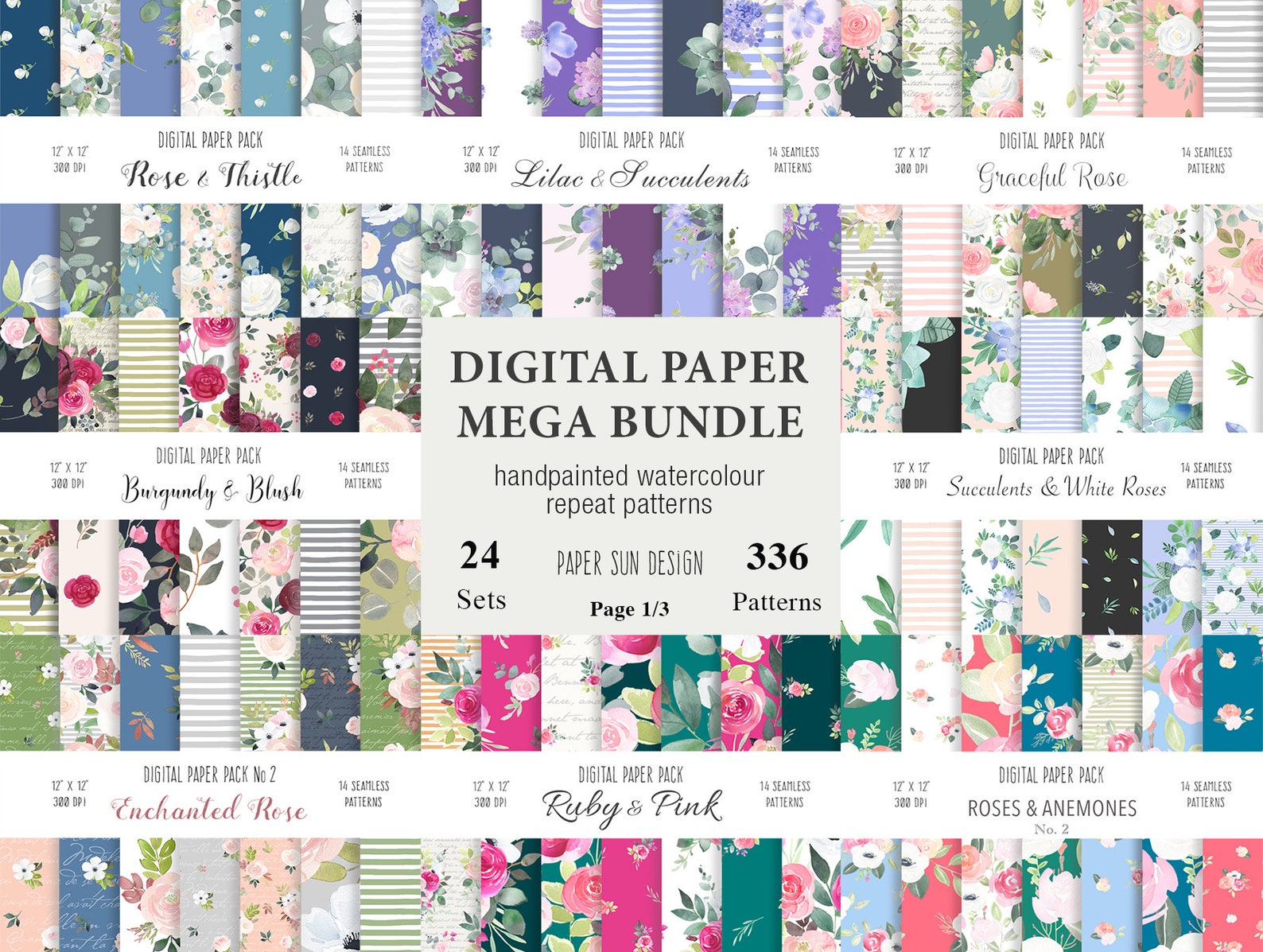 Floral Digital Paper Bundle, Watercolor Flower Repeat Patterns Download ...