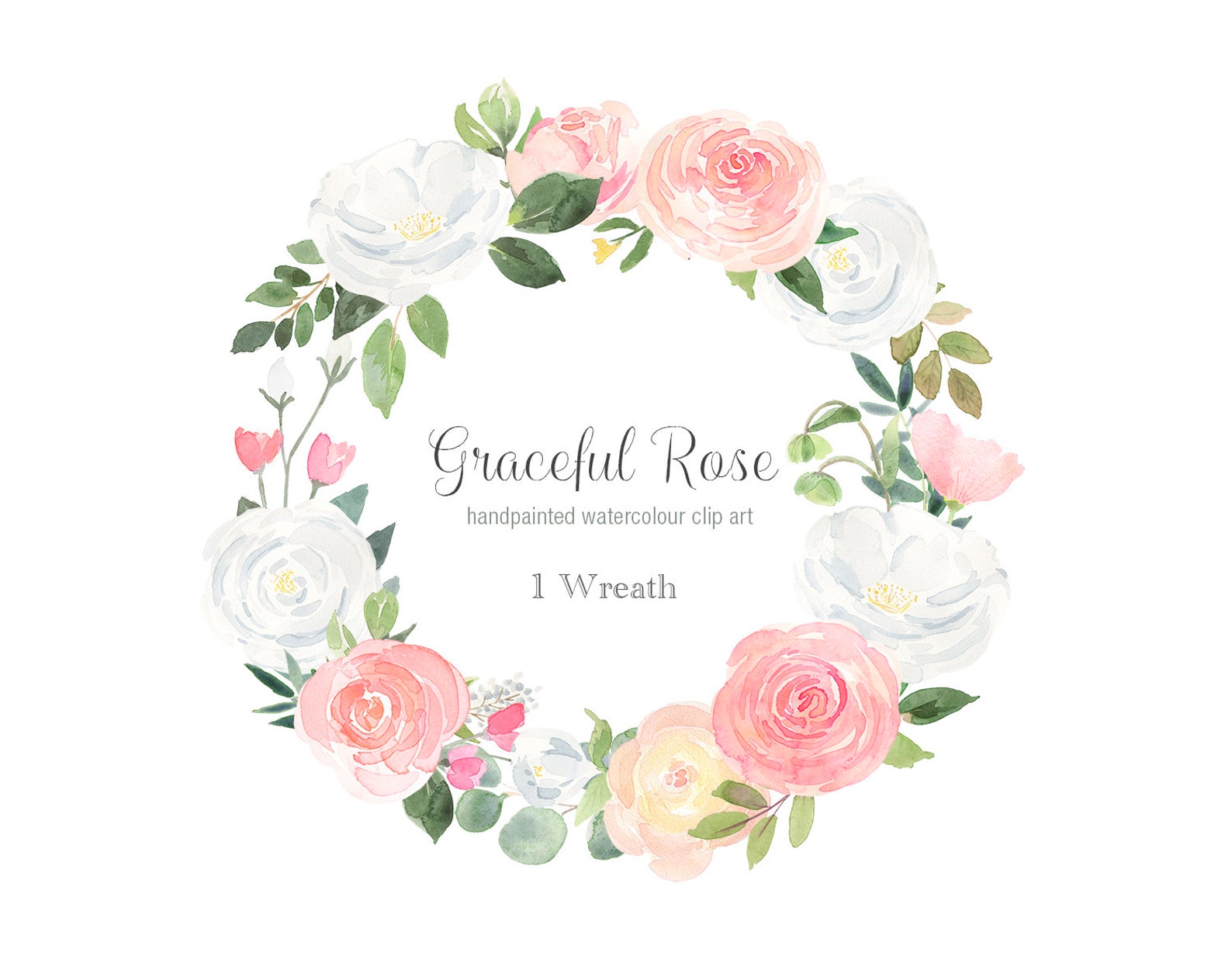 Floral Clipart Watercolor Wreath - Pink and White Roses Flower Clip Art ...