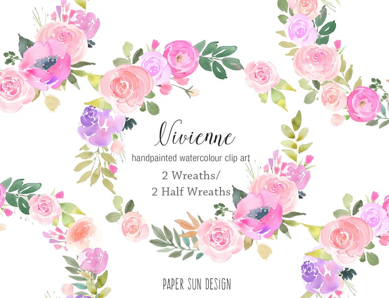 Floral Wreath Watercolor Clipart With Pink and Purple Roses for DIY ...