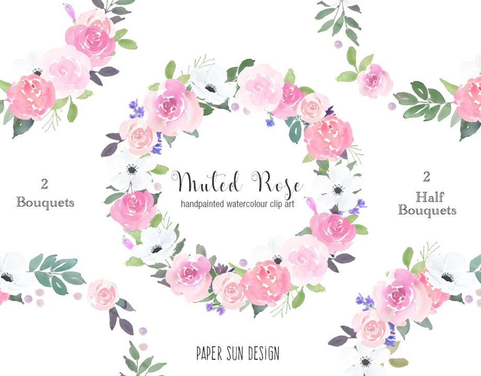 Watercolor Flower Wreath - Muted Pink Rose and White Anemones Floral ...