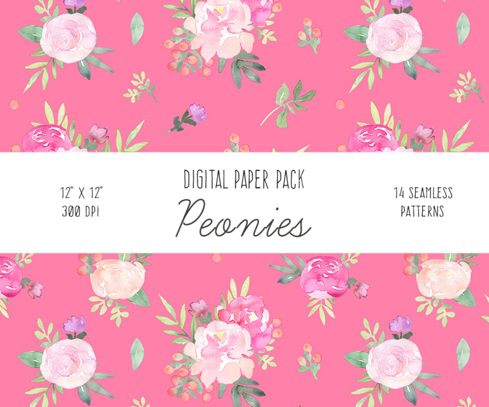 Peonies Digital Paper Floral Paper Pack, Flower Seamless Pattern, Peony ...