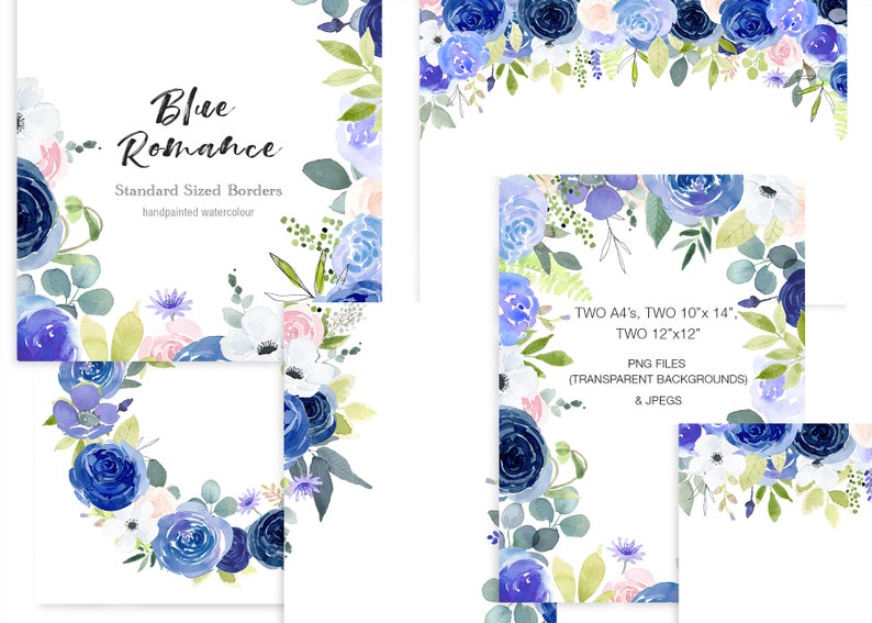 Navy Blue Roses Watercolor Floral Borders and Standard | Etsy