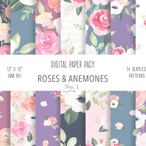 Watercolour Floral Digital Paper - Pink Roses and White Anemones ...