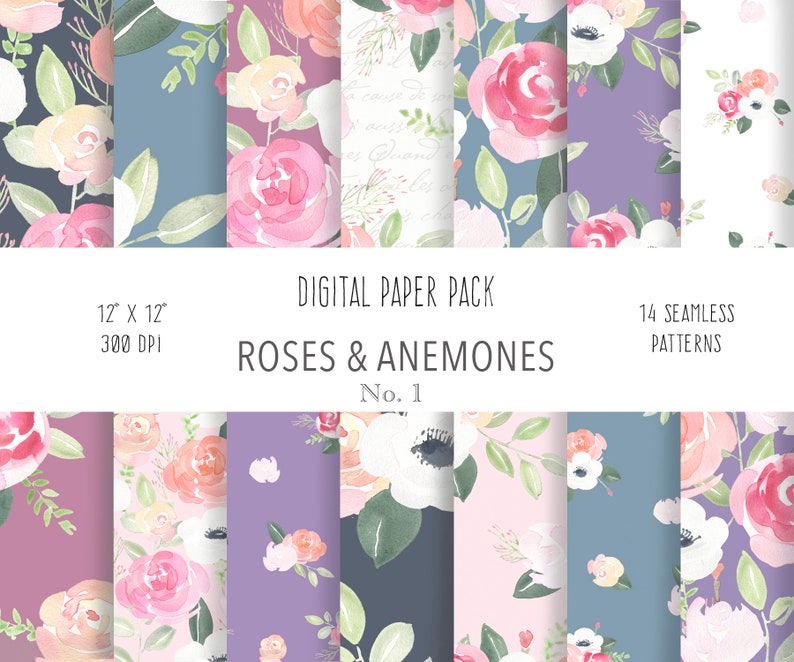 Watercolour Floral Digital Paper Pink Roses and White - Etsy UK