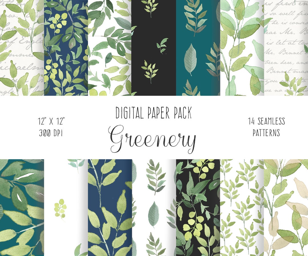 Greenery Digital Paper Pack - Green Leaves Seamless Patterns, Repeat ...