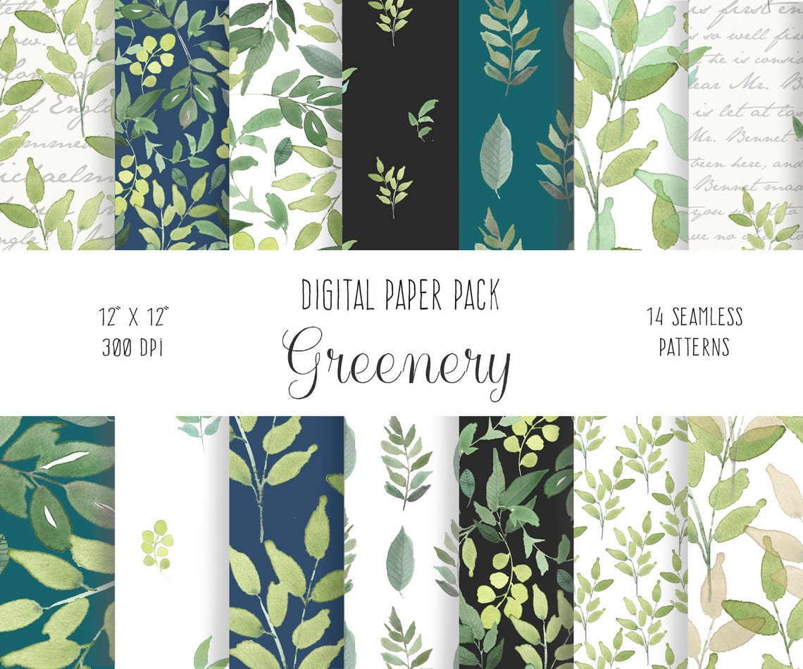 Greenery Digital Paper Pack Green Leaves Seamless Patterns | Etsy