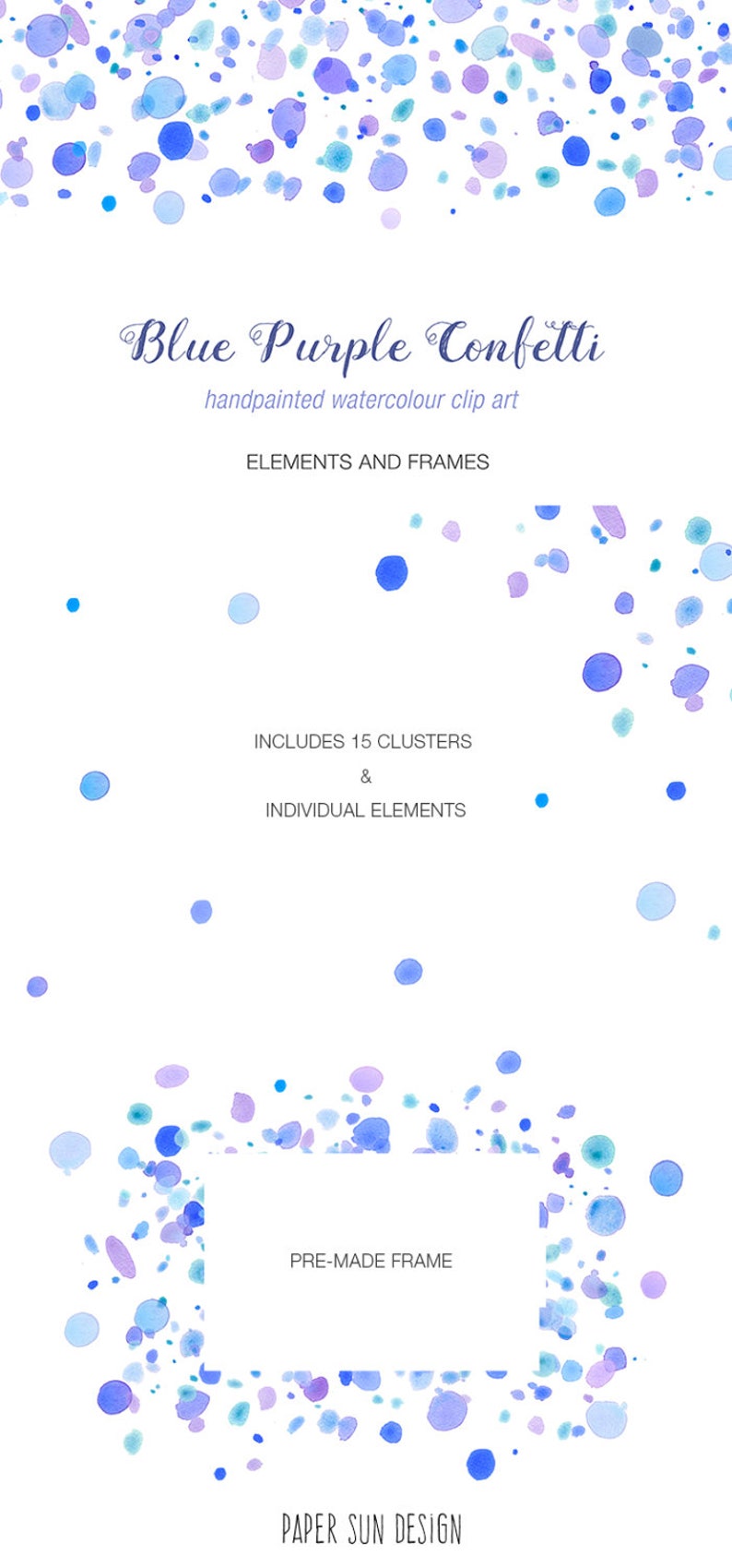 Watercolour Clip Art - Purple Blue Confetti, Elements and Frames - Etsy UK
