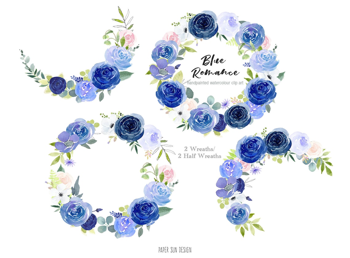 Navy and Blush Watercolor Clip Art Wreaths Navy Blue Floral - Etsy Israel