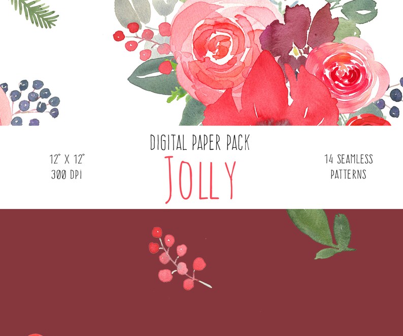 Christmas Floral Digital Paper Watercolor Floral Christmas | Etsy