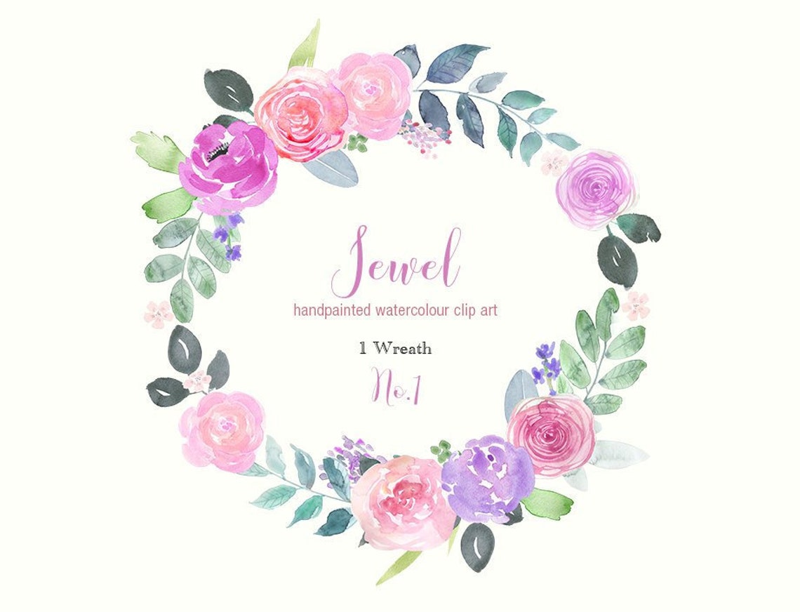 Watercolor Floral Wreath pink purple rustic clip art boho | Etsy