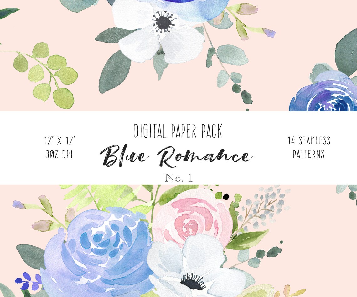Floral Paper Digital Download Watercolour navy and blush | Etsy