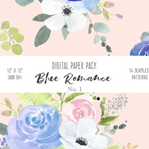 Floral Paper Digital Download - Watercolour Navy and Blush Flower ...