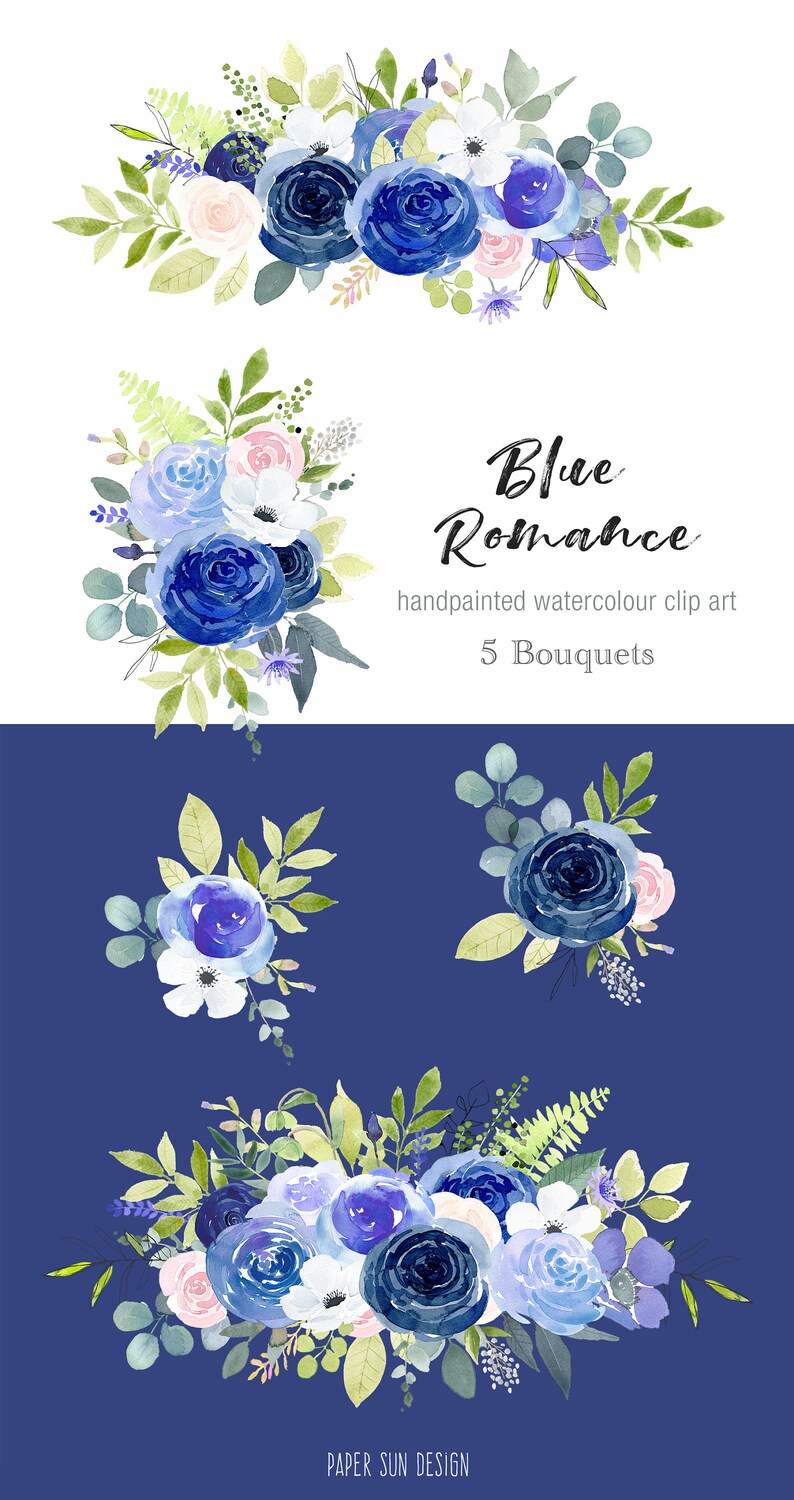 Flower Watercolor Clipart, Navy and Blush Clipart, Handpainted ...