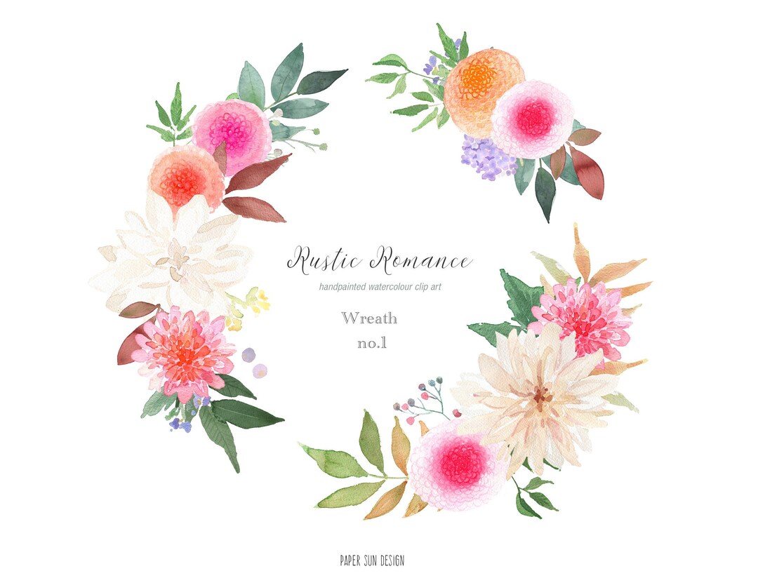 Rustic Floral Wreath Clipart - Watercolour Flower Clip Art, DIY Wedding ...