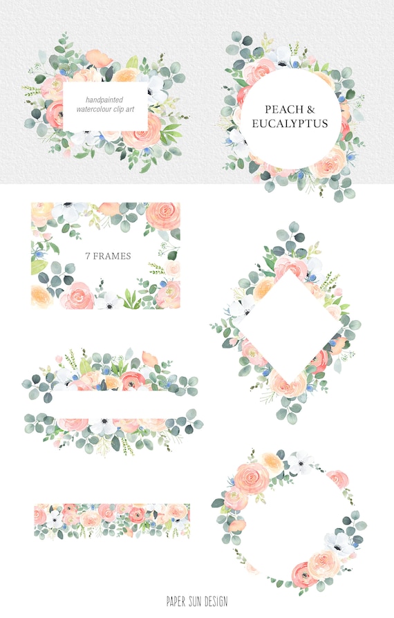 Peach Pink Rose Floral Frames Watercolor Clipart wedding | Etsy