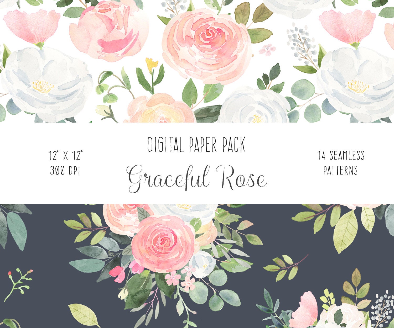 Digital Floral Paper Pack - 14 Seamless Patterns of Pink and White ...