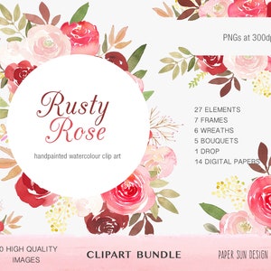 Autumn Clipart Bundle - Watercolor Roses Clip Art Bundle, Rusty Rose ...