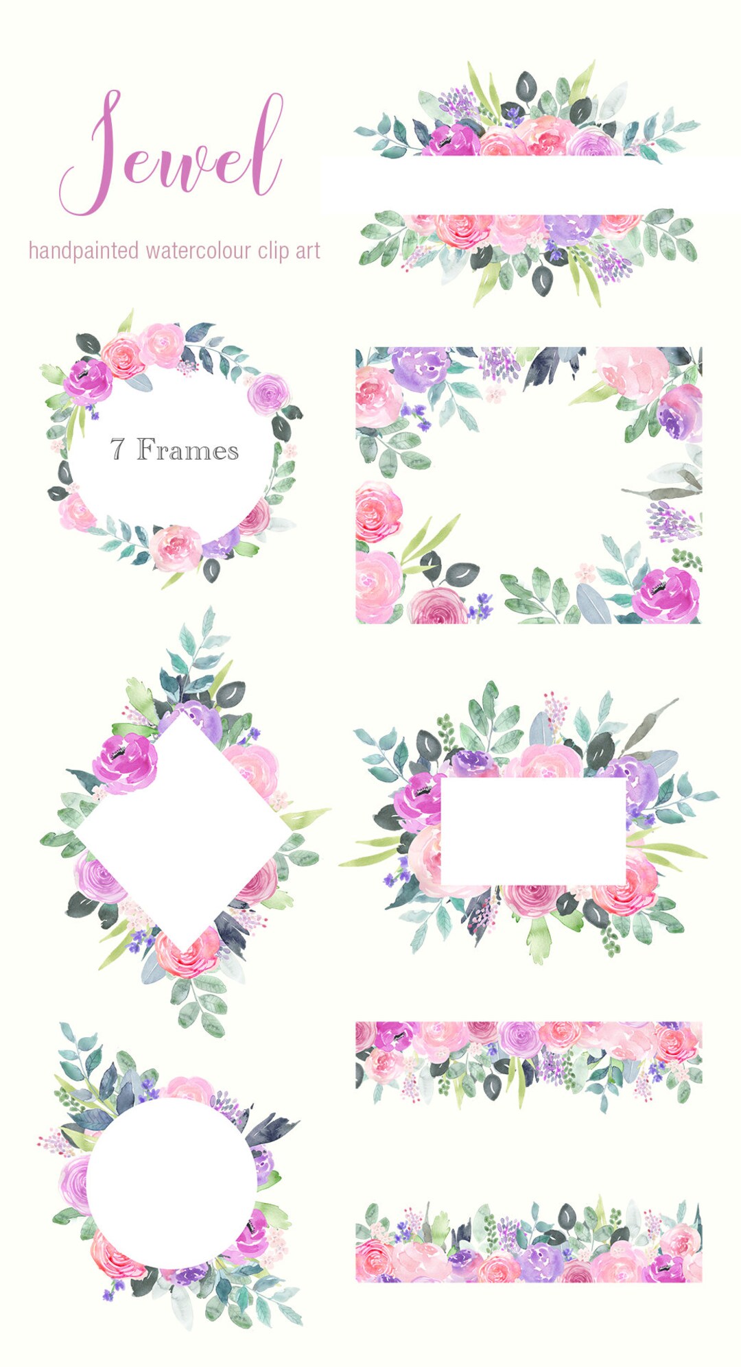 Watercolor Floral Clip Art, Pink and Purple Rose Flower Frames, Jewel ...