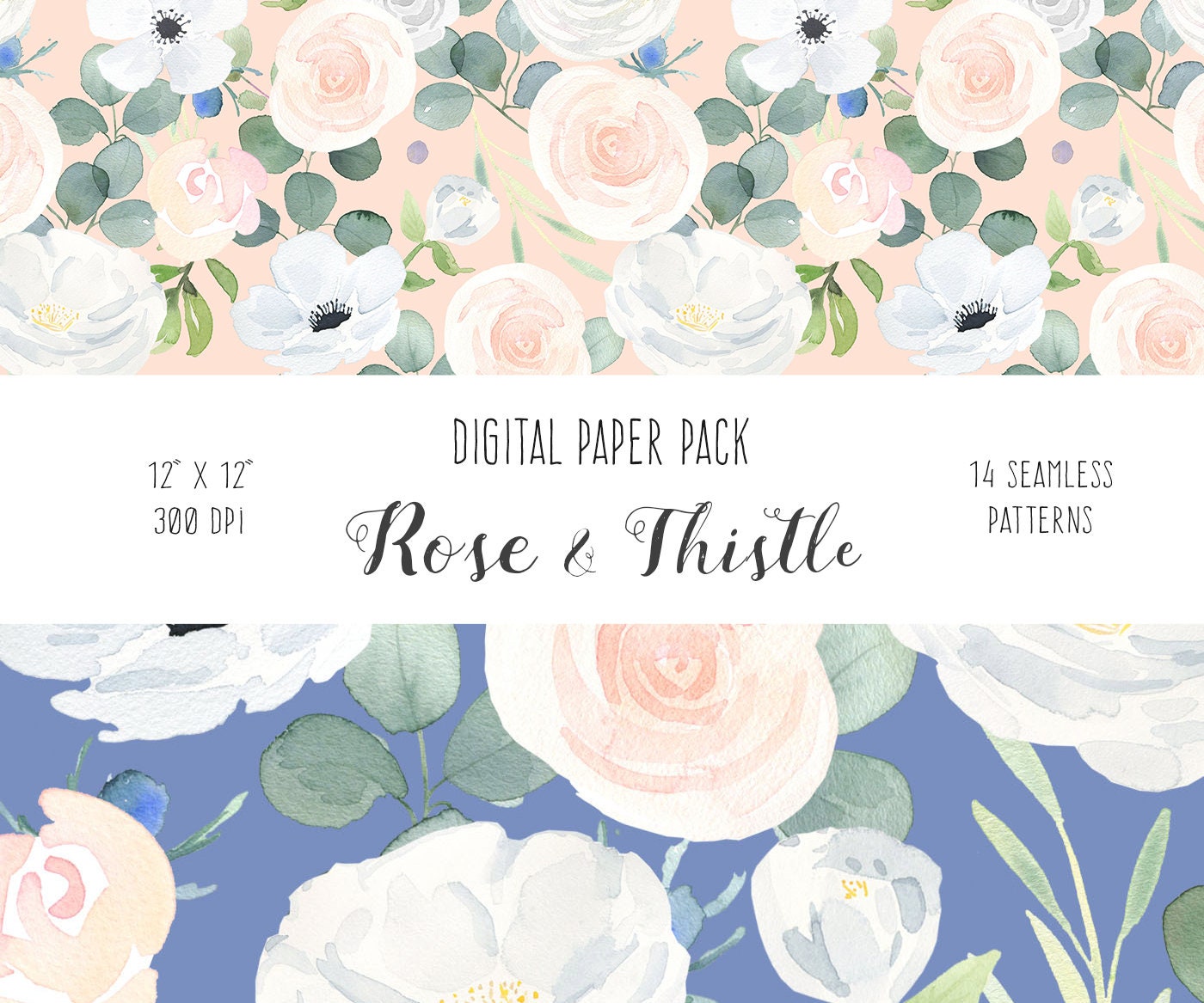Watercolour Floral Digital Papers Rose and Thistle Flower | Etsy