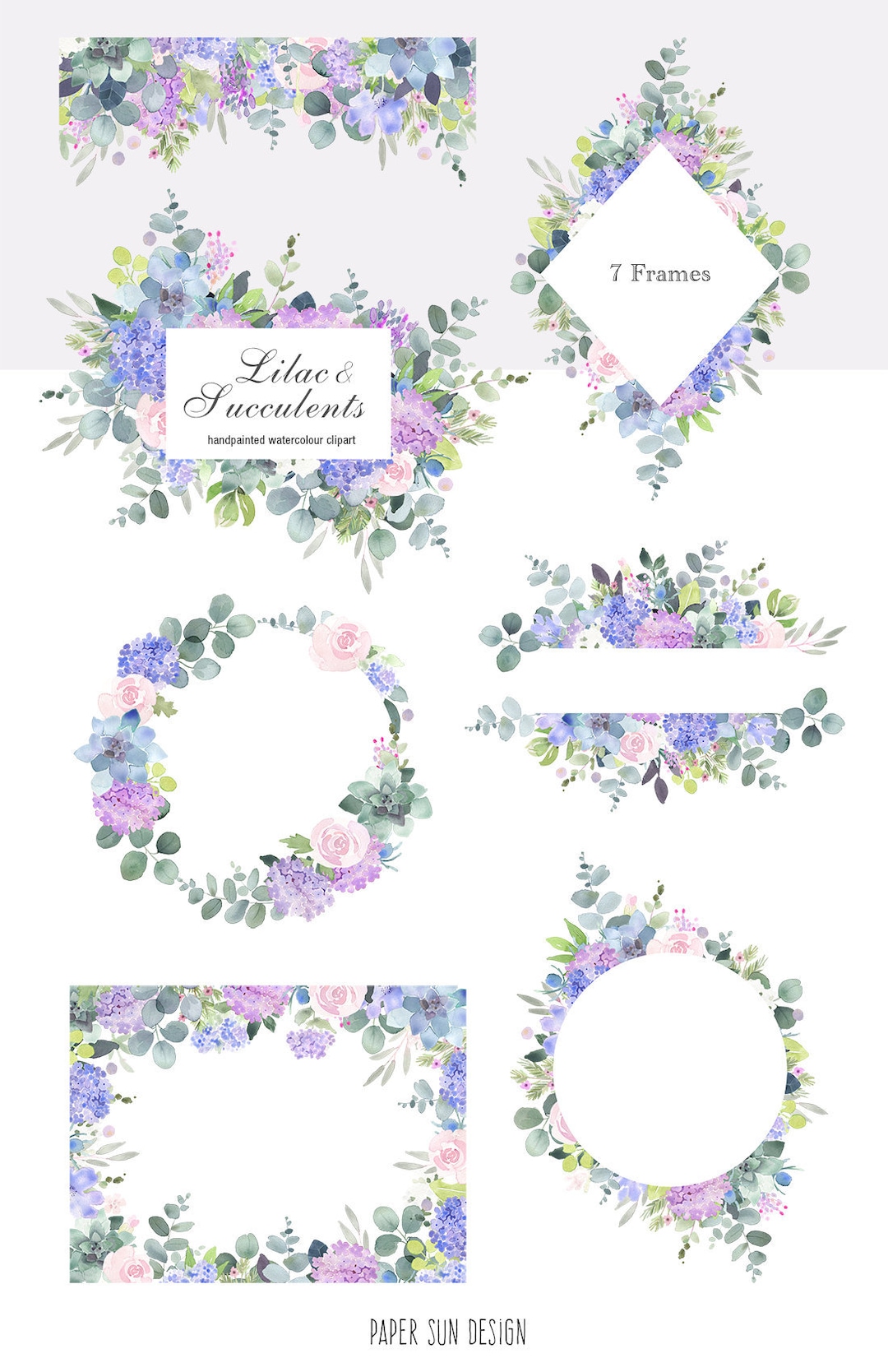 Lilac Roses and Succulents Floral Clipart Frames - Succulents Flower ...
