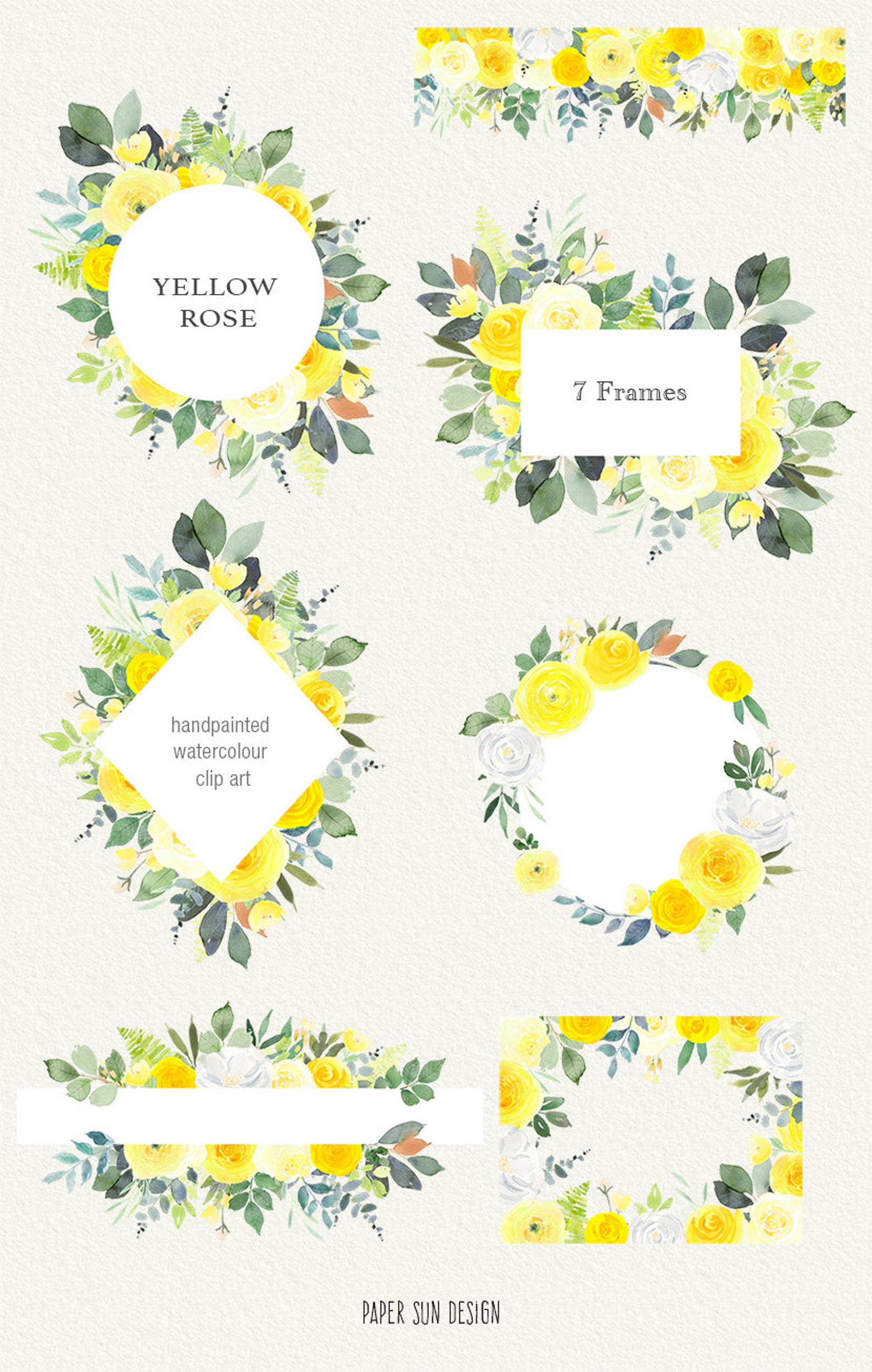 Yellow Rose Large Watercolor Clip Art Set, Watercolor Clipart Bundle ...