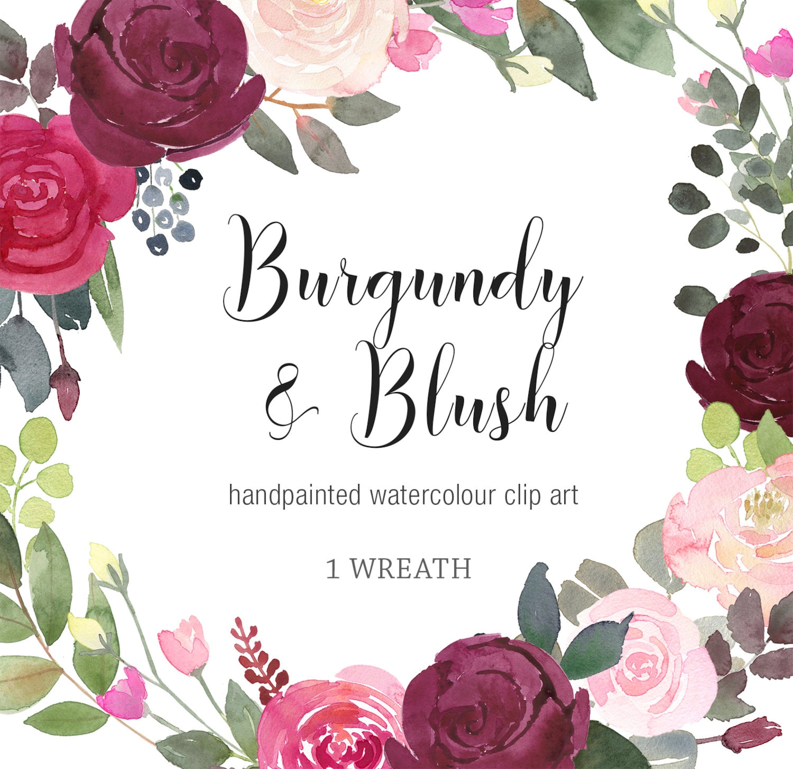 Burgundy and Blush Rose Wreath Watercolor Clipart Floral - Etsy