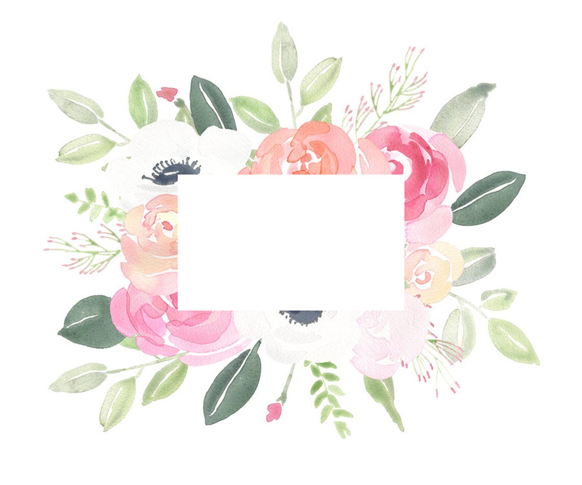 Watercolor Flower Frame Clipart Pink Roses and White Anemones | Etsy UK