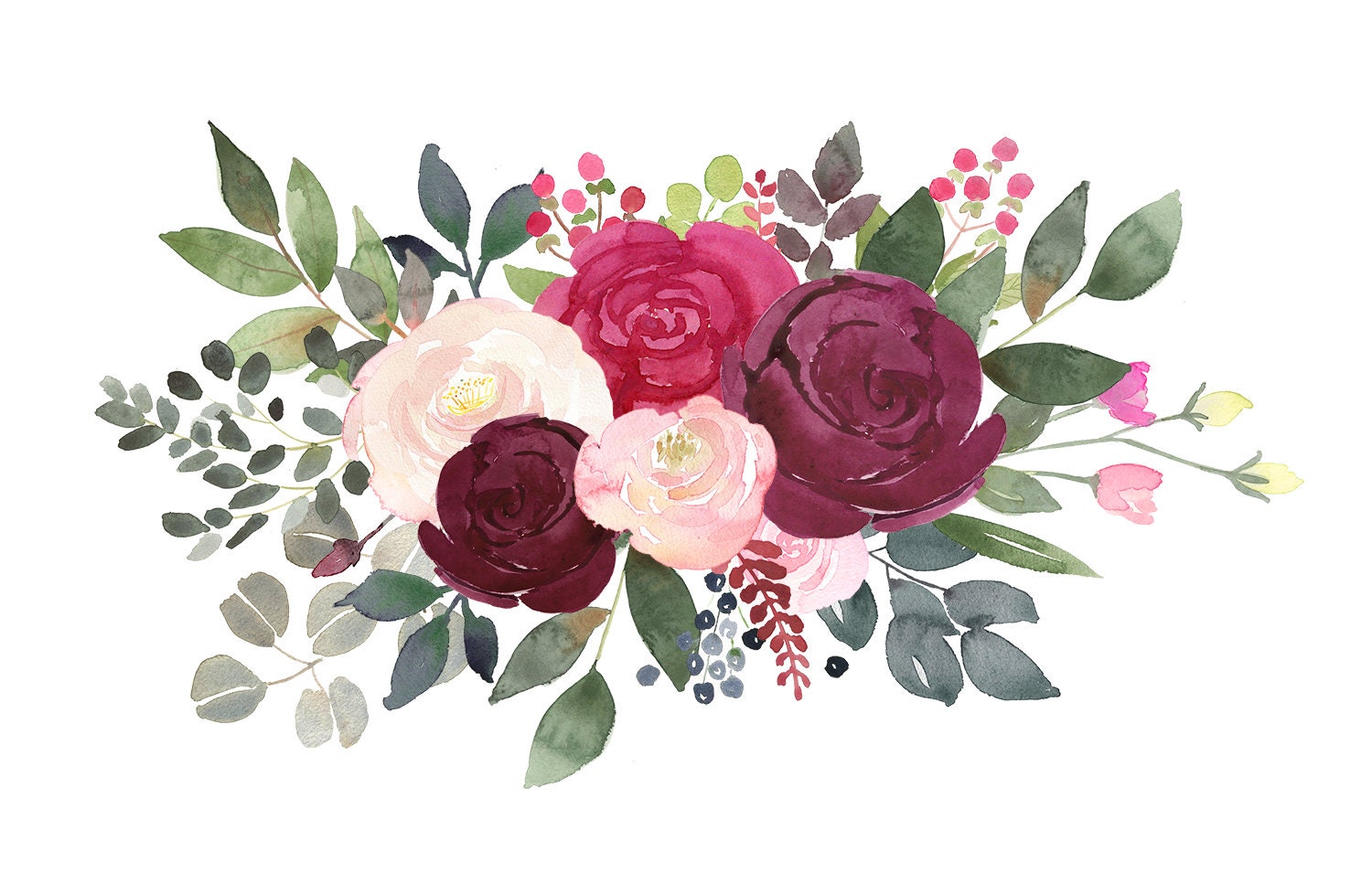 Burgundy and Blush Rose Bouquets Watercolor Clipart Flower - Etsy