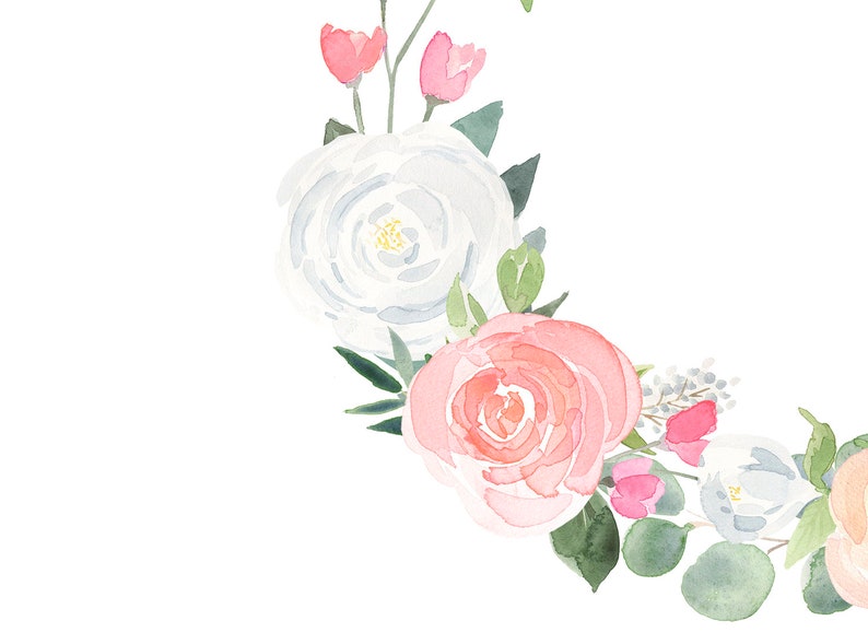 Floral Clipart Watercolor Wreath Pink and white roses flower | Etsy