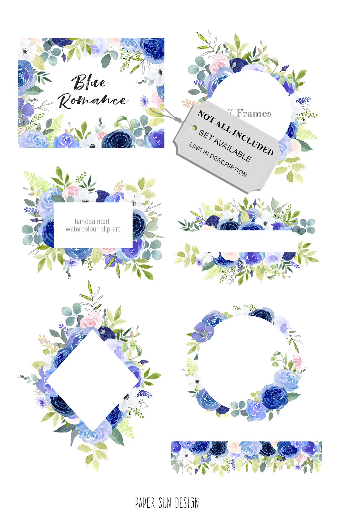 Blue Rose Clip Art Frame, Watercolor Clipart, Digital Download, Circle ...